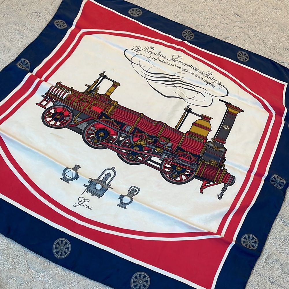 Vintage Gucci Locomotive Print Silk Scarf - Gem